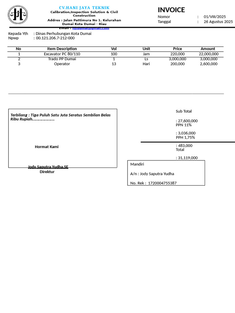Invoice Exca 100 Jam | PDF