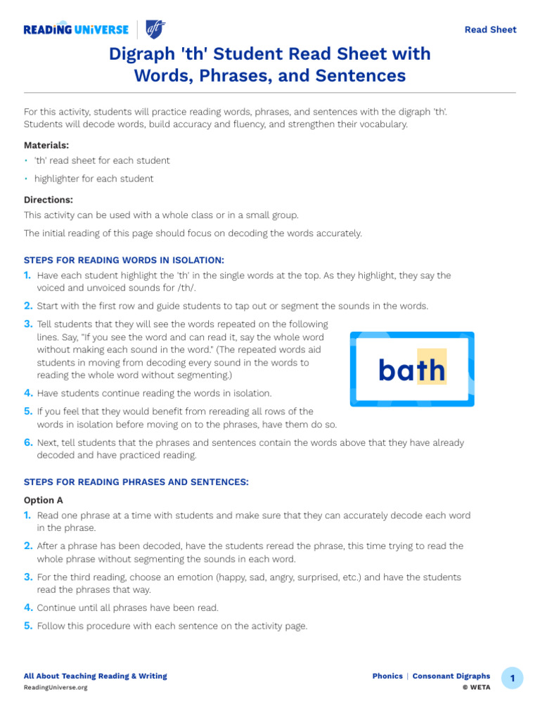 'th' Digraph Reading Practice Sheet | PDF | Phonics | Reading (Process)