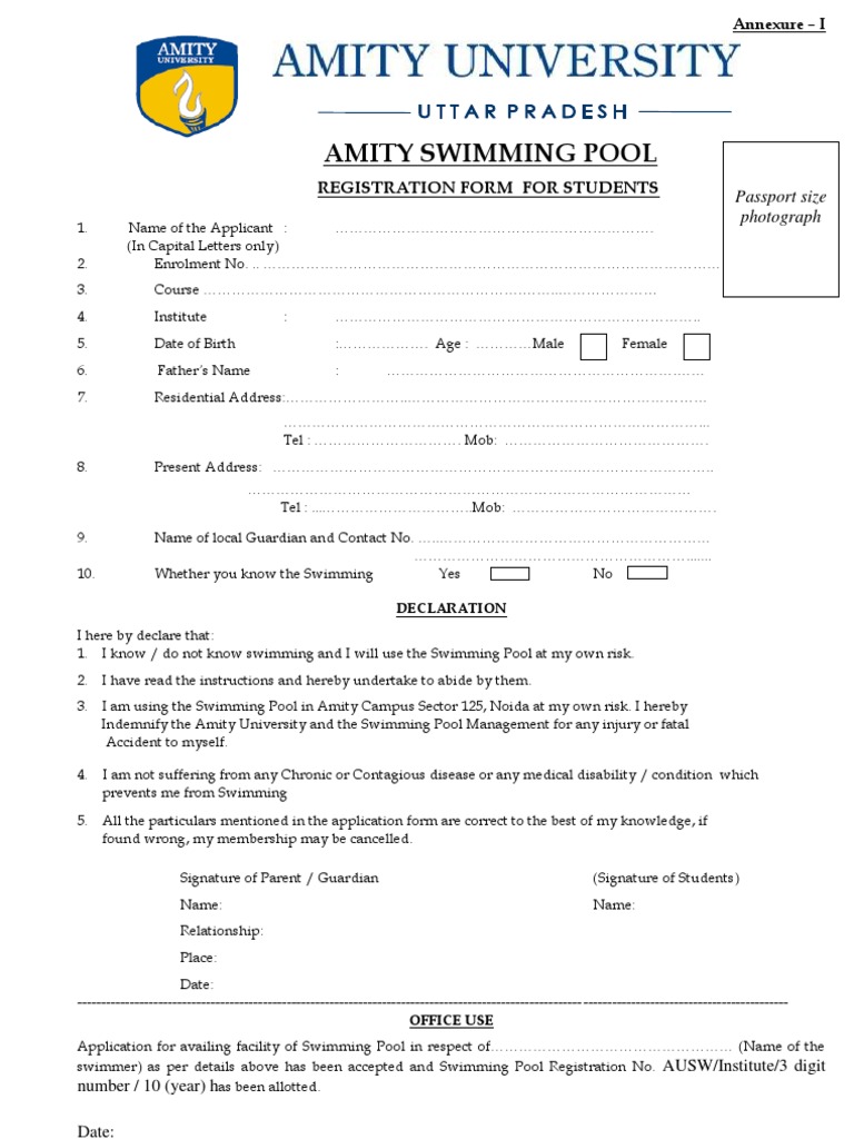 Amity University Swimming Pool Registration | PDF | Swimming (Sport ...