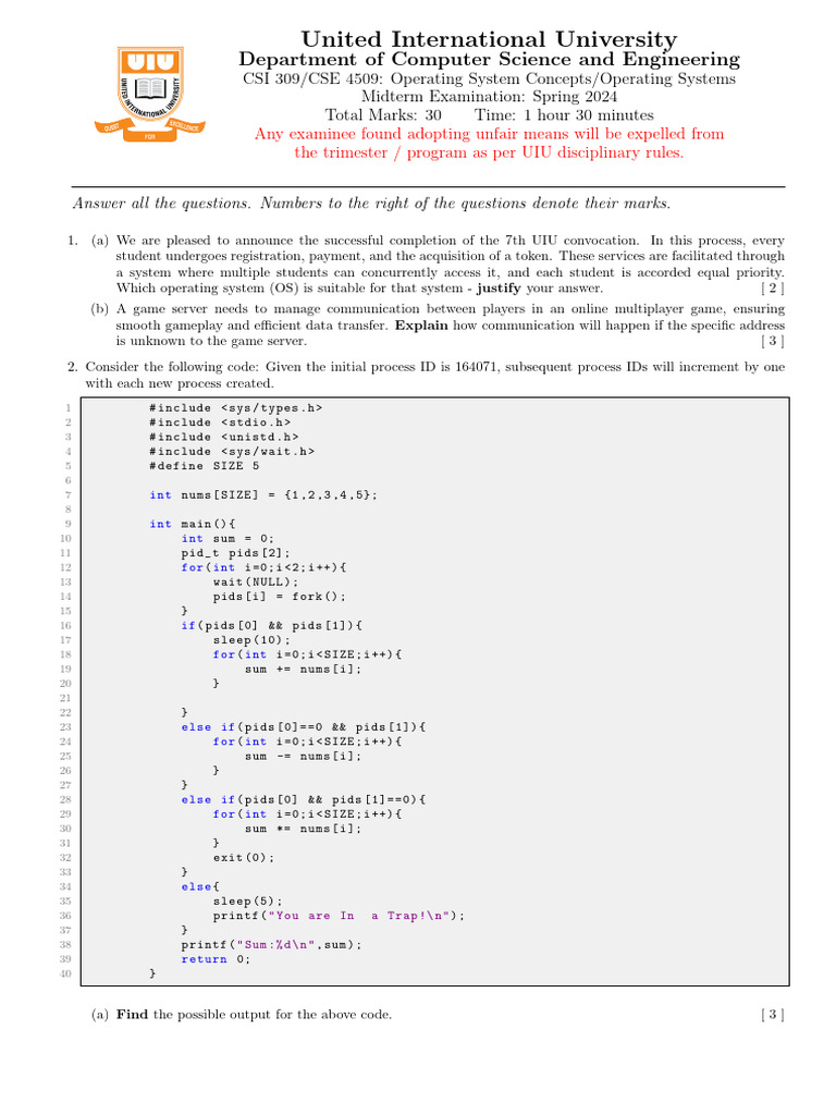 UIU Operating Systems Midterm Exam 2024 | PDF | Computer Science ...