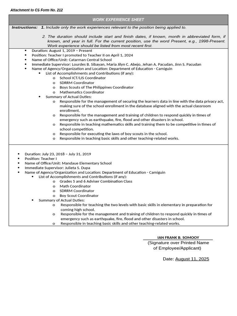 Work Experience Sheet for Teachers | PDF | Learning | Intelligence