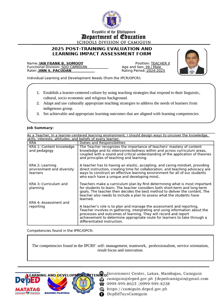 Post Training Evaluation Ian Frank Baguiocity2025 | PDF | Learning ...
