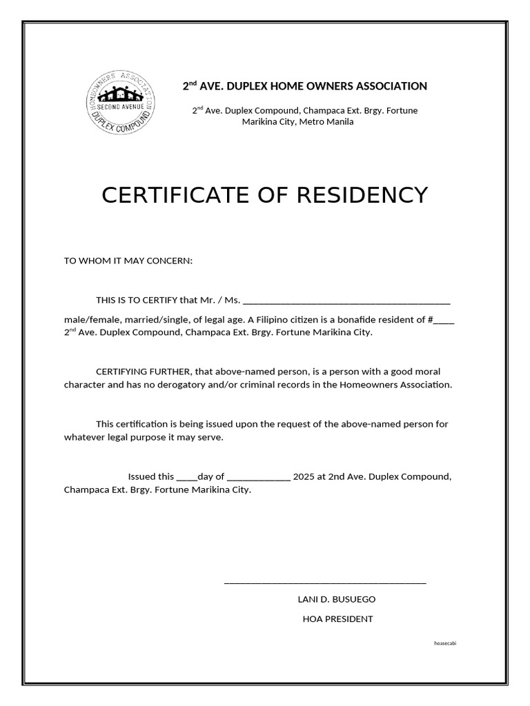 Hoa Certificate of Residency | PDF | Real Estate | Condominium