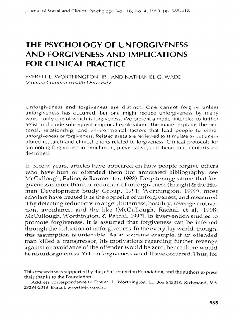 Forgiveness and Unforgiveness in Psychology | PDF | Forgiveness | Anger