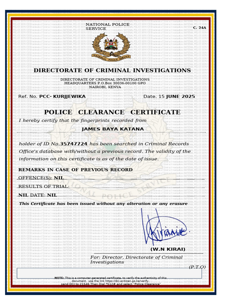 PCC Zyuh5iu7 12 Police Clearance Certificate Wk. | PDF