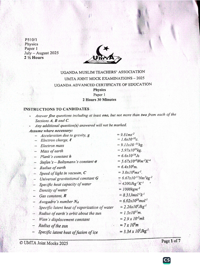 2025 Uace Umta Physics Paper 1,2 and 3 | PDF