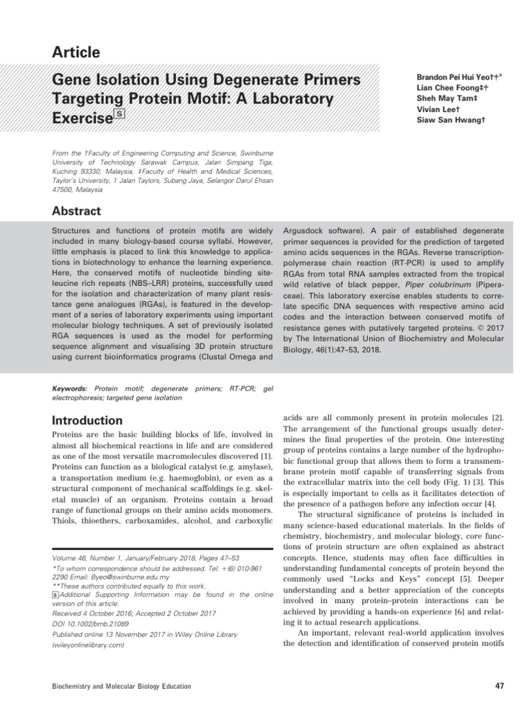 Gene Isolation Using Degenerate Primers Targeting Protein Motif A Laboratory Exercise | PDF ...