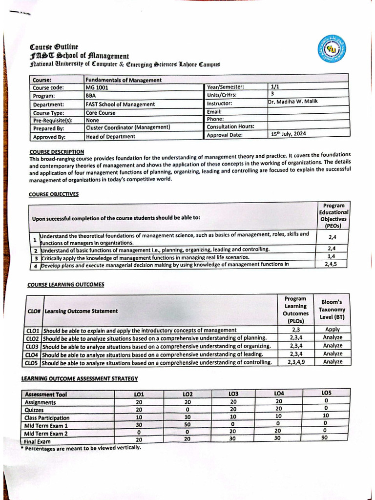 BBA Management Course Outline | PDF