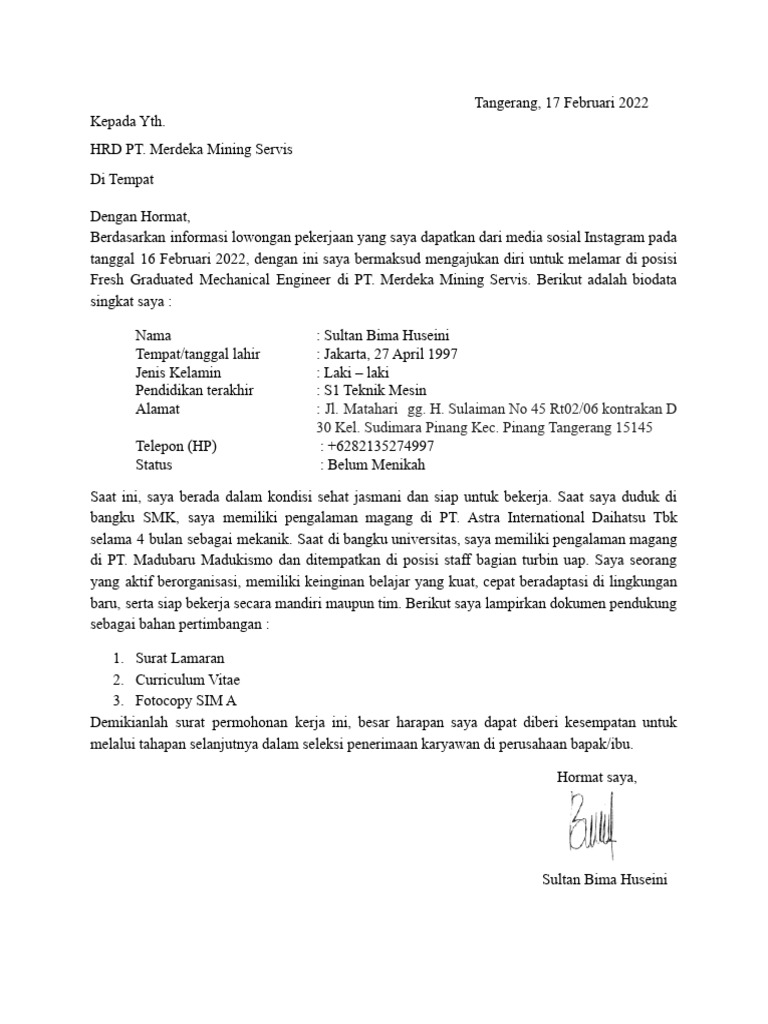 Berkas Lamaran Sultan Bima Huseini PT Merdeka Mining Servis | PDF