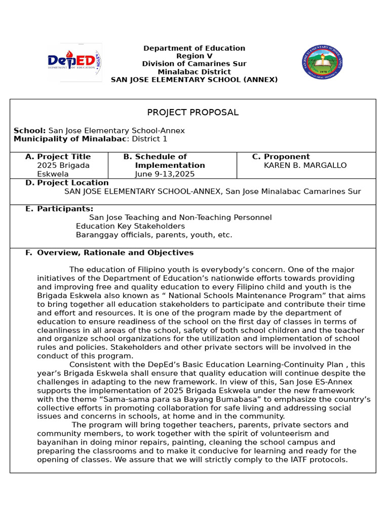 Brigada Eskwela Project Proposal | PDF | Teachers