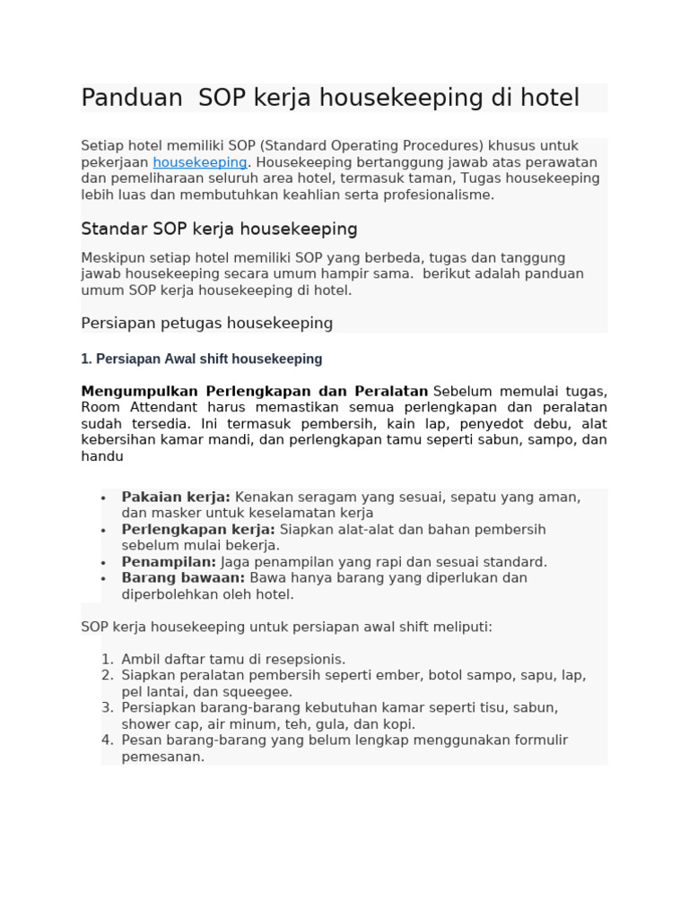 Panduan SOP Housekeeping Hotel | PDF