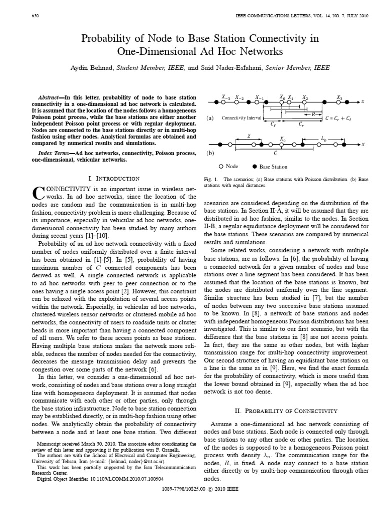 Probability of Node To Base Station Connectivity in One-Dimensional Ad ...