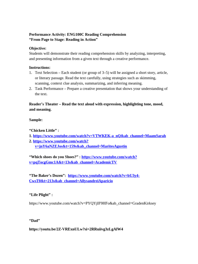 ENG100C Reading Comprehension Performance Activity | PDF | Reading ...