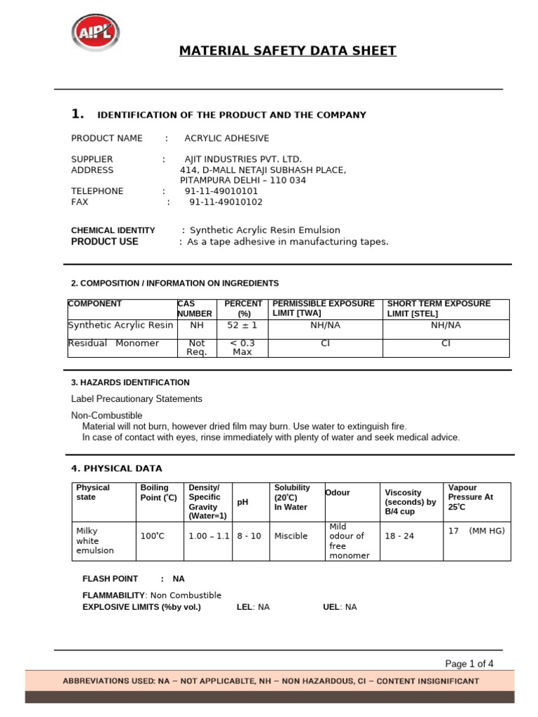 Acrylic Adhesive Safety Data Sheet | PDF | Poly(Methyl Methacrylate ...
