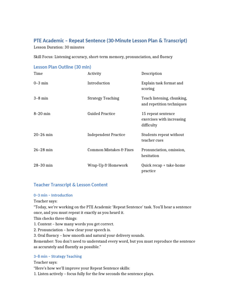 Pte Repeat Sentence Lesson | PDF | Fluency | Lesson Plan