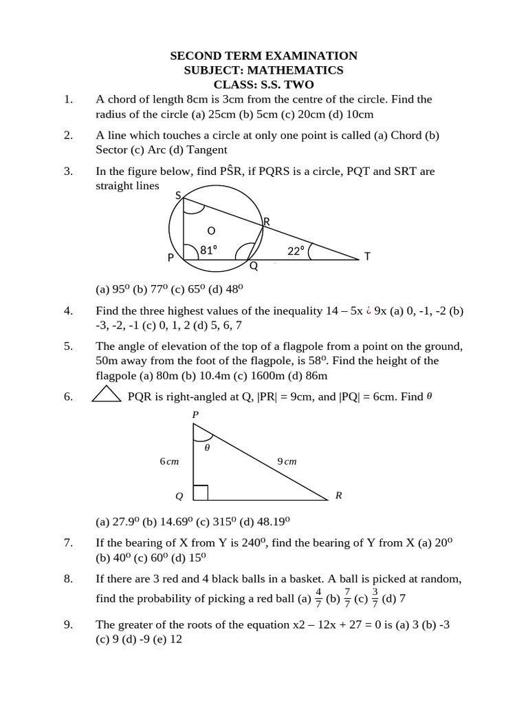 Second Term Mathematics SS2 | PDF | Circle | Triangle Geometry