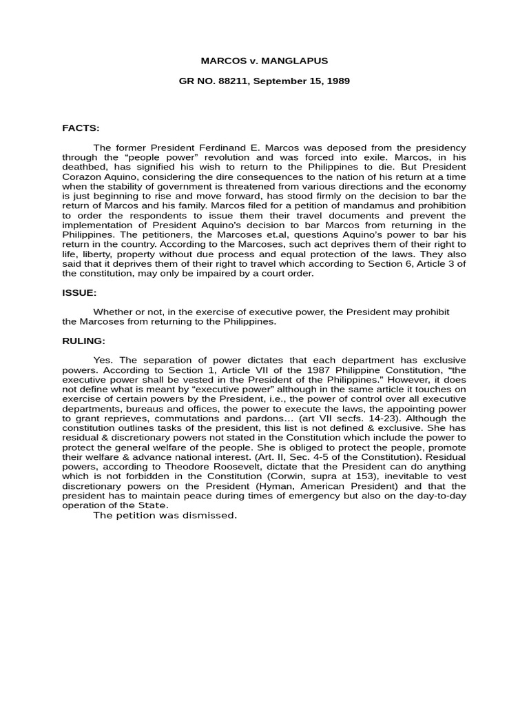 Marcos v. Manglapus Case Summary | PDF | Pardon | Justice