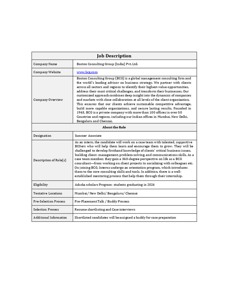 Job Description - Summer Associate - BCG India | PDF | Business