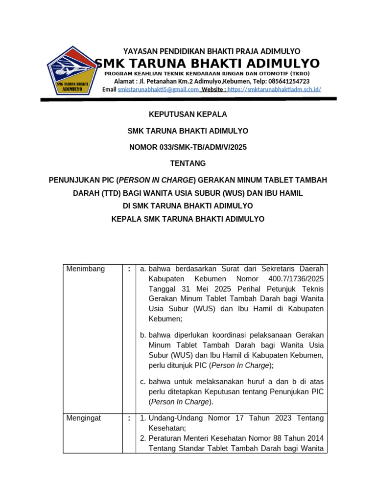 Penunjukan PIC TTD Wanita Subur dan Hamil | PDF