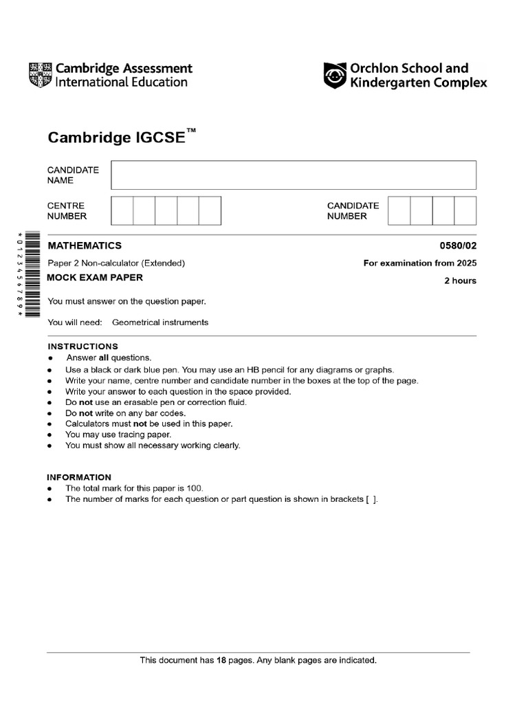 Igcse 0580 Mock Exam Paper 2 | PDF