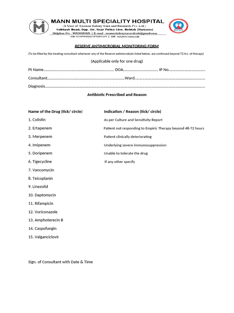 Reserve Antimicrobial Monitoring Form | PDF