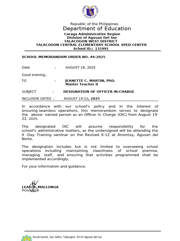 School Memorandum No. 44 2025 Designation of OIC | PDF