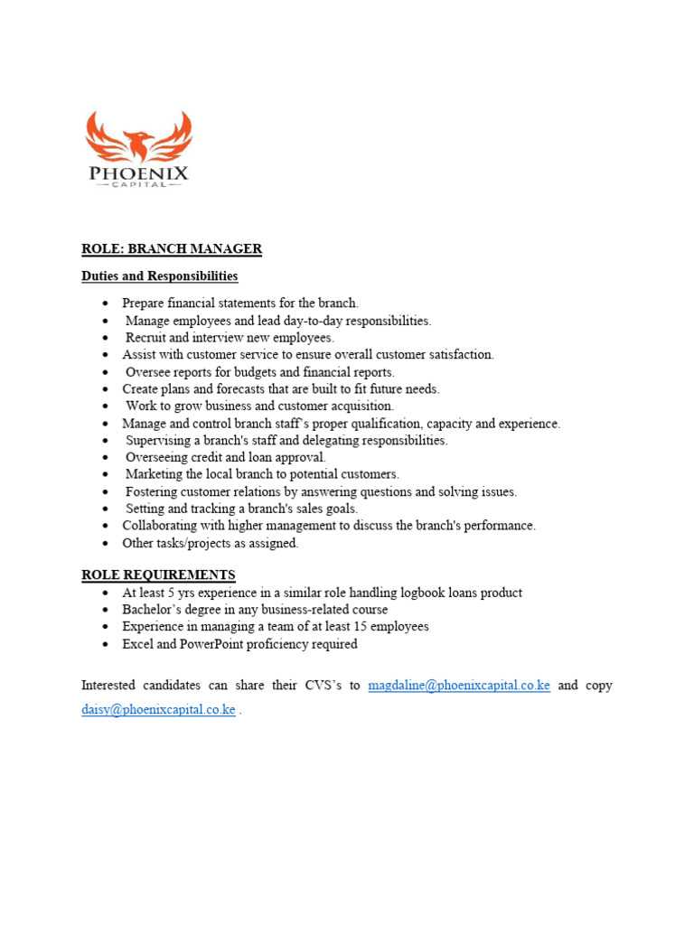 Branch Manager Job Advert | PDF