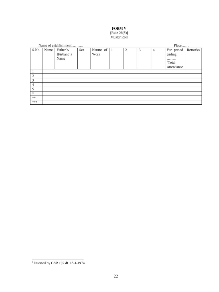 Muster Roll Form V Template | PDF