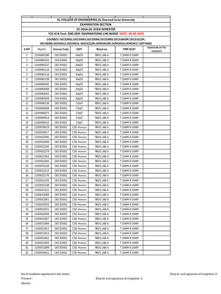 Print Updated 05-05-2025 y21 Lms Endsem Regular Seating Plan | PDF