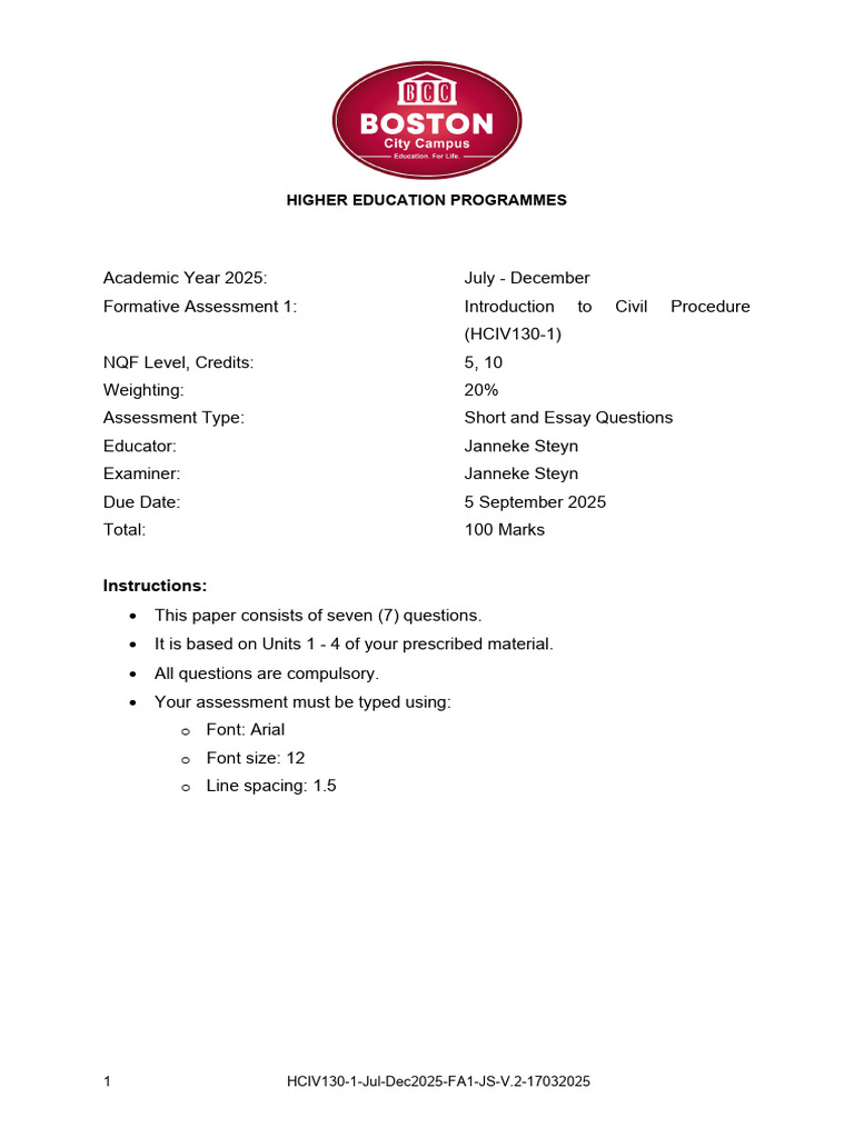 Civil Procedure Assessment Overview 2025 | PDF | Magistrate | Jurisdiction