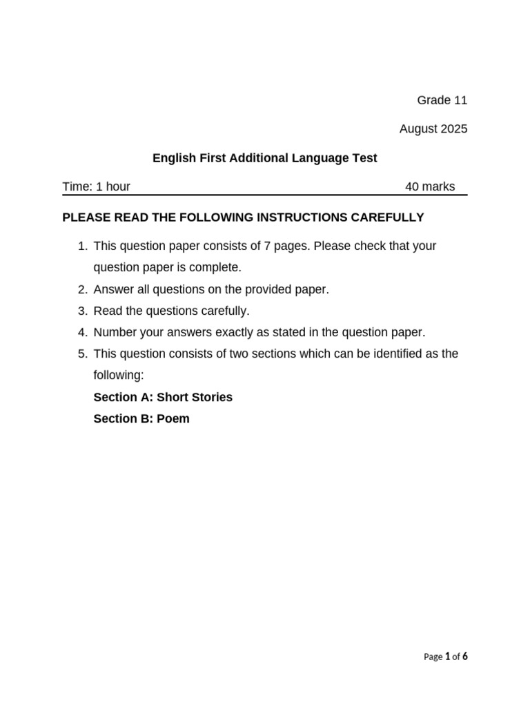 Grade 11 English Language Test 2025 | PDF