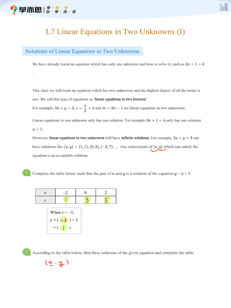 S2精英 L7 Linear Equations in Two Unknowns (I) -講義題解 | PDF