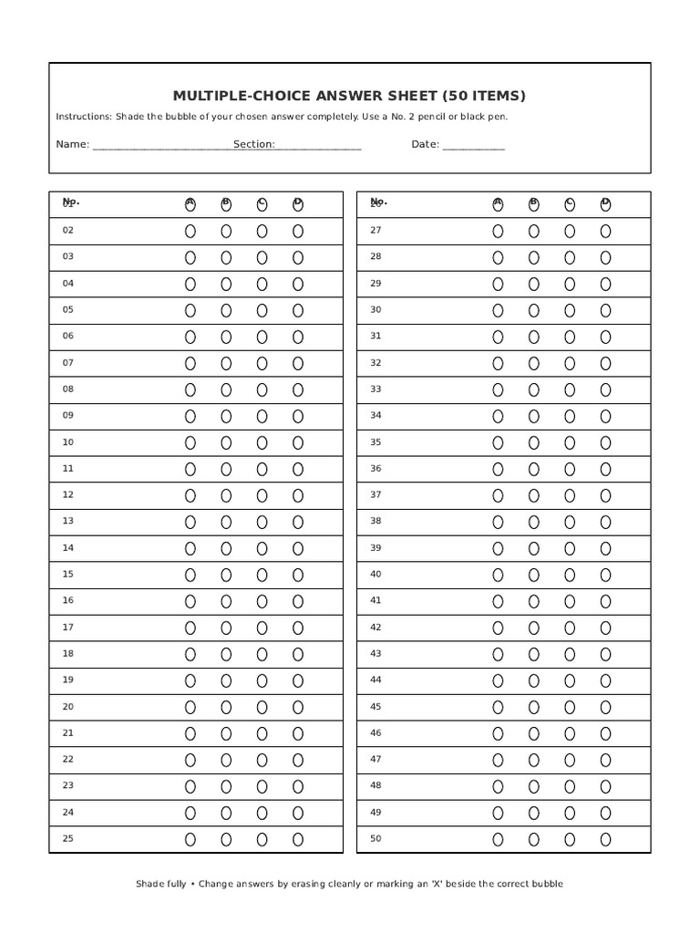 MCQ Answer Sheet 50 Items | PDF