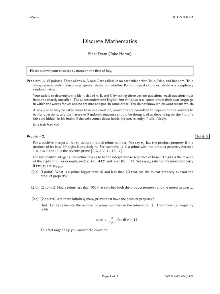 Discrete Mathematics: Final Exam (Take Home) | PDF | Vertex (Graph ...