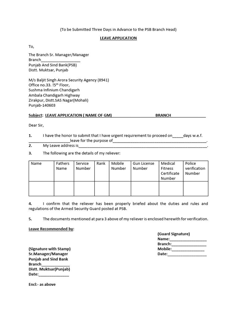 Security Guard Leave Application Format | PDF
