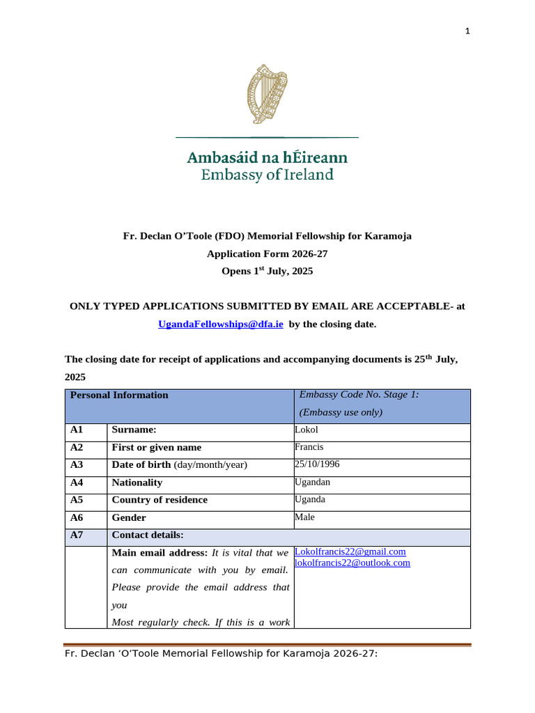 Ireland Fellows Programme Africa 2023 FR. Declan Form | PDF | Diploma ...
