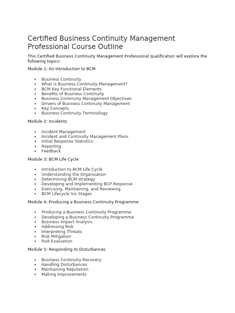 Business Continuity Certification Course | PDF