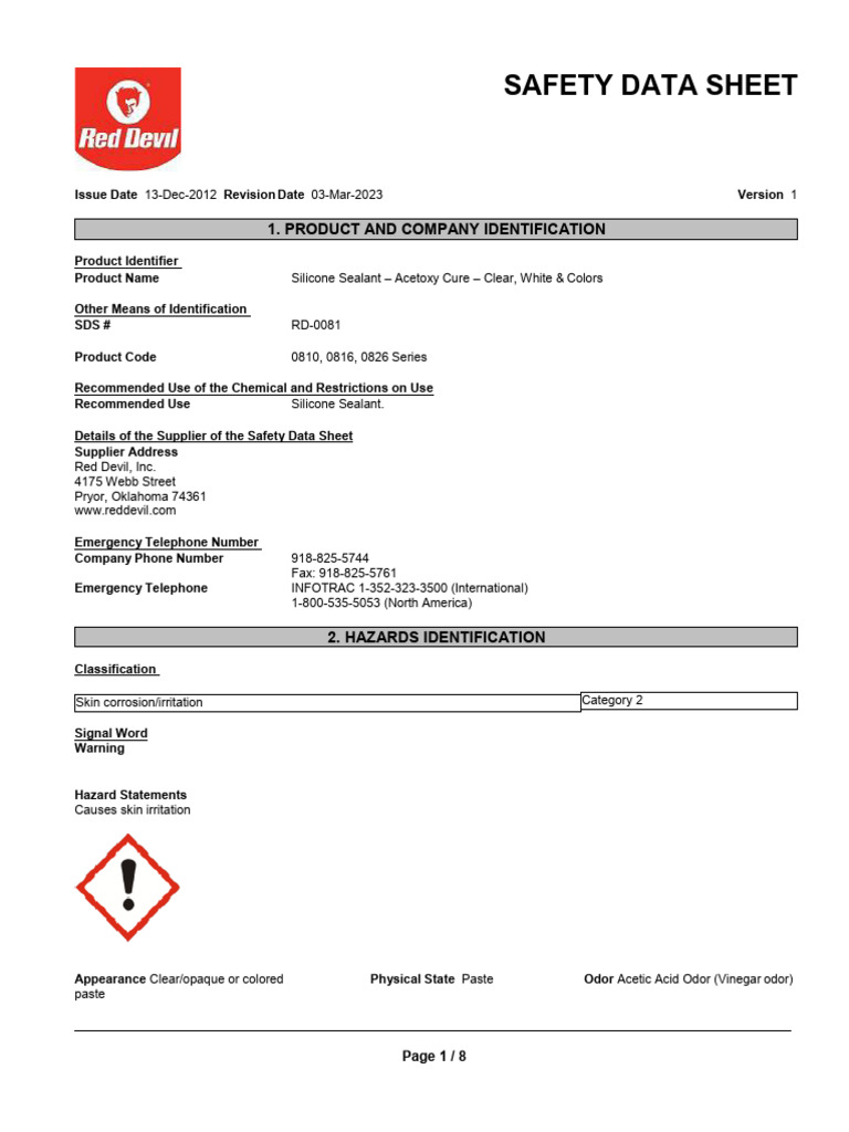Silicone Sealant Safety Data Sheet | PDF | Toxicity | Silicone