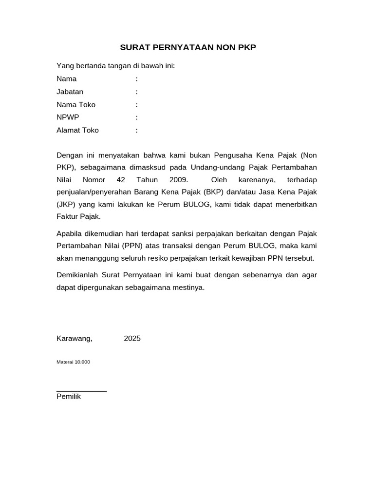 Surat Pernyataan Non PKP (RPK) | PDF
