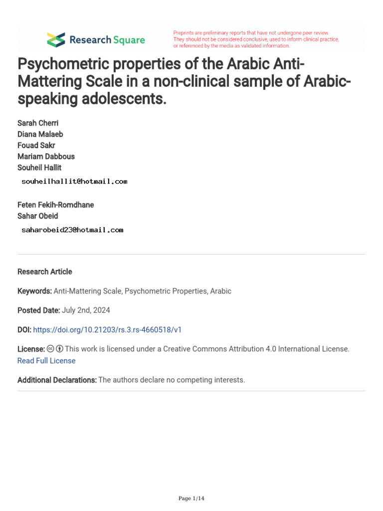 Psychometric Properties of An Anti-Mattering Scale | PDF | Psychometrics | Behavioural Sciences