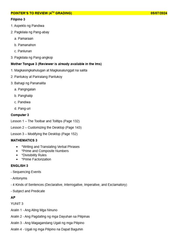 4th Grading Review Guide | PDF