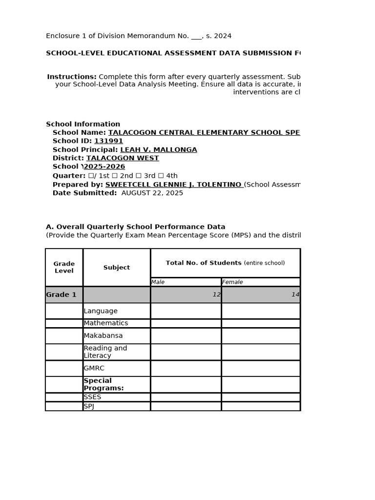 GRADE-I-SQUASH-1ST-QUARTER-Assessment-Report-Forms | PDF | Learning