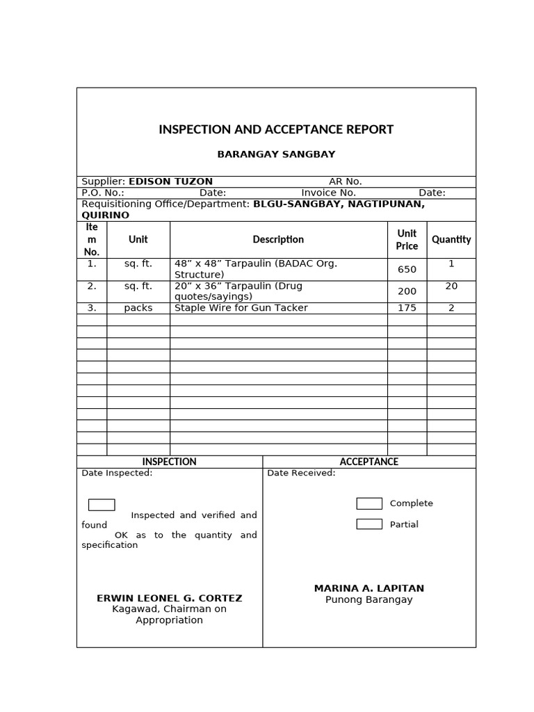 INSPECTION AND ACCEPTANCE REPORT | PDF