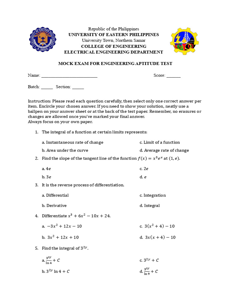 Engineering Aptitude Test Mock Exam | PDF | Area | Slope