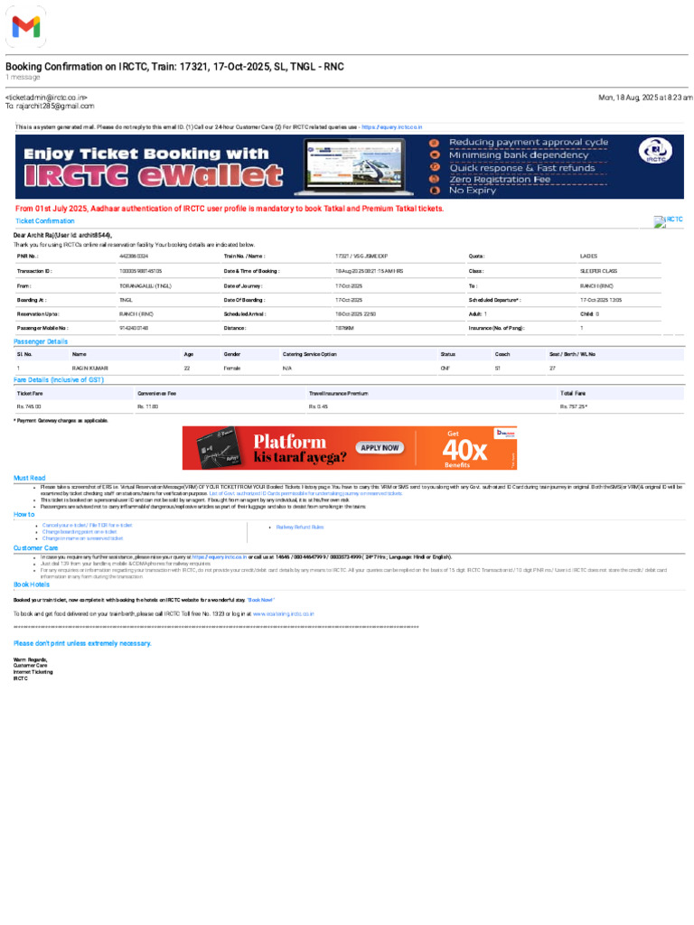 IRCTC Booking Confirmation Details | PDF | Service Industries