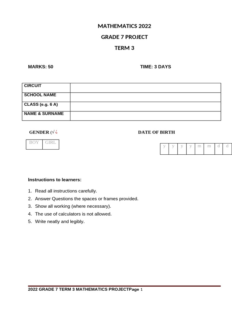 Grade 7 Term 3 Maths Project 2022 | PDF | Line (Geometry) | Shape