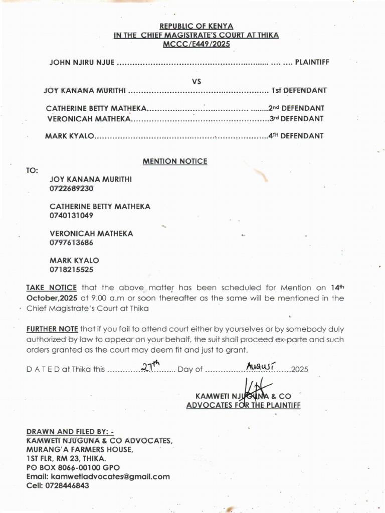 Mention Notice - John Njiru Njue Civil | PDF