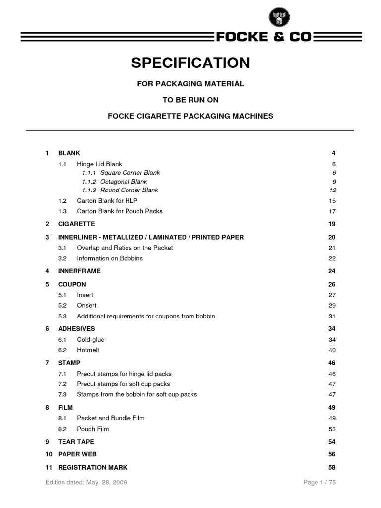 Focke Cigarette Packaging Specs | PDF | Paperboard | Specification ...