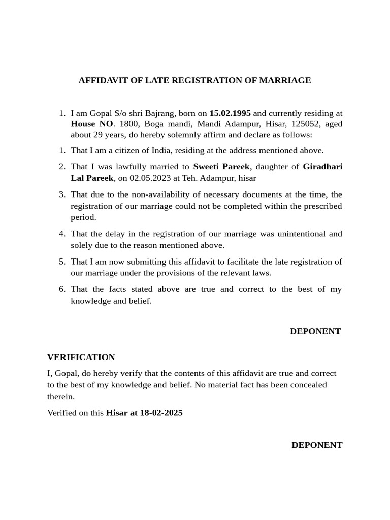 Late Registration of Marriage Affidavit | PDF