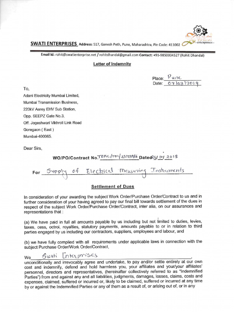 Letter of Indemnity | PDF